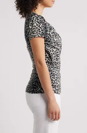 Loveappella Leopard Print Faux Wrap Top