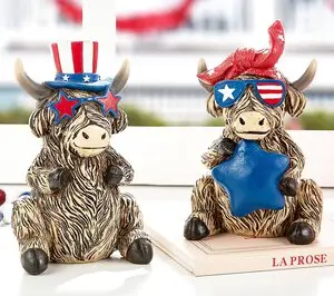 GLITZHOME S/2 Patriotic Americana Highland Cows Table Decor - One-color