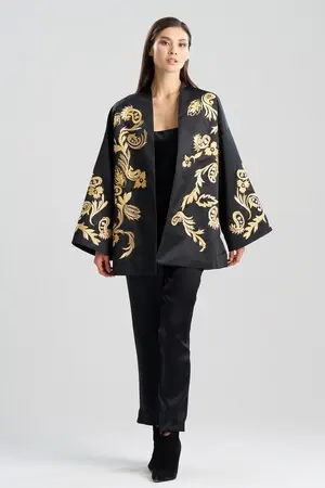 Natori Duchess Satin Embroidered Mid-length Coat