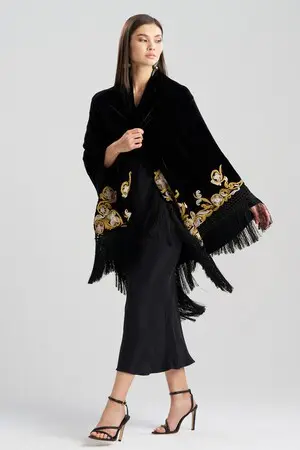 Natori Couture Velvet Embroidered Fringe Shawl - Black
