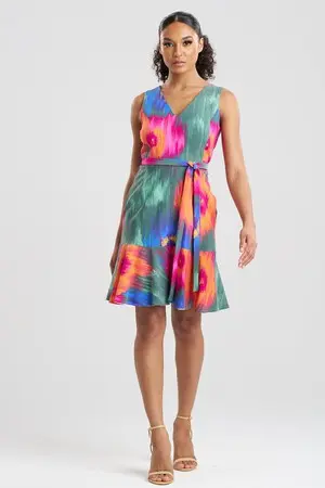 Natori Multi Floral Belted Ruffle Dress
