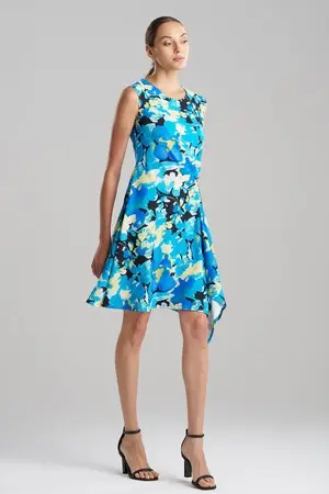 Natori Floral Side Drape Dress - Blue