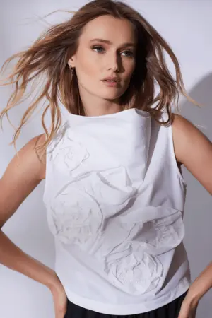 Natori Techno Poplin Embroidered Funnel Top