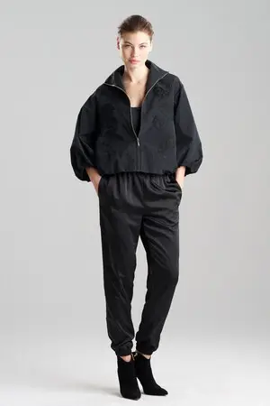 Natori Taffeta Embroidered Balloon Bomber Jacket