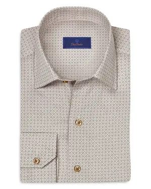 David Donahue Regular Fit Geometric Print Sport Shirt - Stone