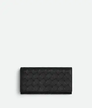 Bottega Veneta Intrecciato Large Flap Wallet - Black