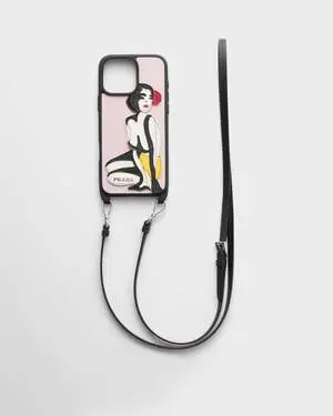 Prada Saffiano And Crocodile Leather Cover For Iphone 16 Pro Max With Shoulder Strap - Alabaster Pink