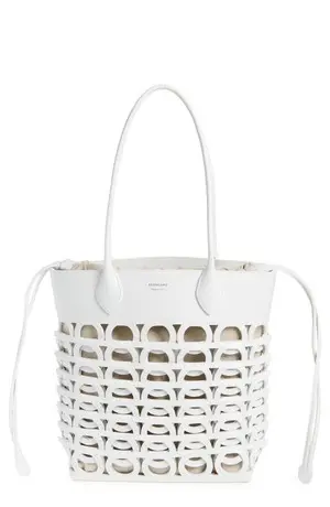 FERRAGAMO Medium Gancini Perforated Leather Tote - Optic-white/ Naturale