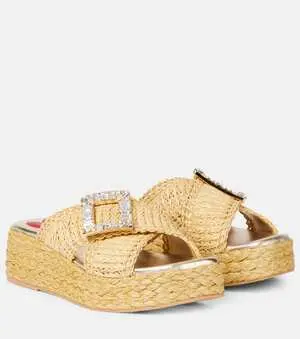 ROGER VIVIER Embellished Raffia Espadrille Slides - Beige