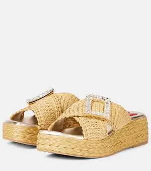 ROGER VIVIER Embellished Raffia Espadrille Slides - Beige