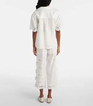SELF-PORTRAIT Embroidered Cutout Linen And Cotton Top