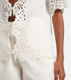 SELF-PORTRAIT Embroidered Cutout Linen And Cotton Top