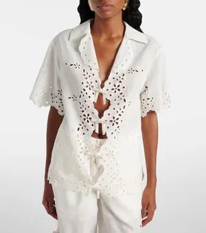 SELF-PORTRAIT Embroidered Cutout Linen And Cotton Top