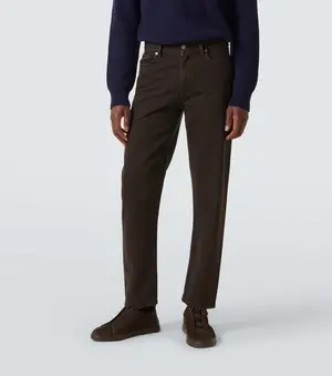 Zegna Leather-trimmed Cotton Straight Trousers