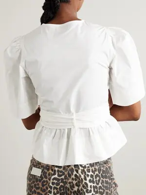 GANNI Belted Tie-detailed Cotton-blend Poplin Blouse - White