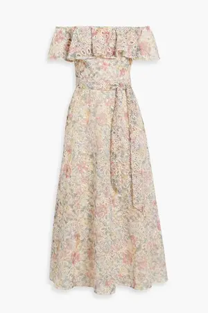 MIKAEL AGHAL Mikael Aghal Off-the-Shoulder Printed Broderie Anglaise Midi Dress - Multicolor
