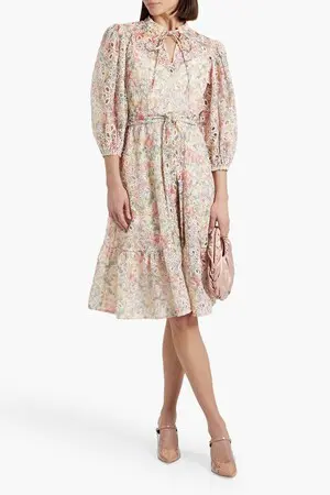 MIKAEL AGHAL Belted Printed Broderie Anglaise Midi Dress