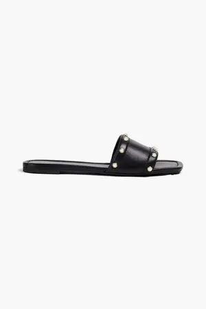 STUART WEITZMAN Faux Pearl-embellished Leather Slides - Black