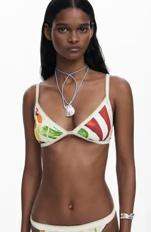 Desigual Crochet Trim Bikini Top - Ivory/ Light Beige Multi
