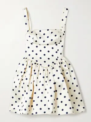 SELF-PORTRAIT Pleated Polka-dot Duchesse-satin Mini Dress - Neutrals