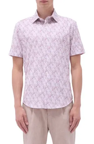 Bugatchi Miles Ooohcotton® Pineapple Print Short Sleeve Button-up Shirt - Brick