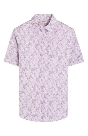 Bugatchi Miles Ooohcotton® Pineapple Print Short Sleeve Button-up Shirt - Brick