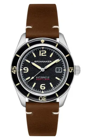 SPINNAKER Fleuss Automatic Leather Strap Watch - Black