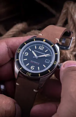 SPINNAKER Fleuss Automatic Leather Strap Watch - Black
