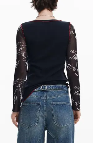 Desigual Floral Jacquard Bell Sleeve Top