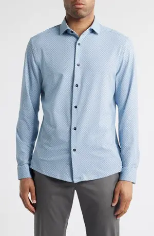Stone Rose Trim Fit Techno Stretch Diamond Geo Print Performance Button-up Shirt Light Blue