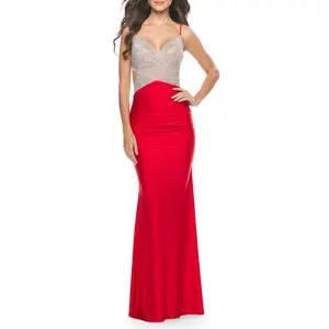 La Femme Ruched Gown With Rhinestone Bodice - Red