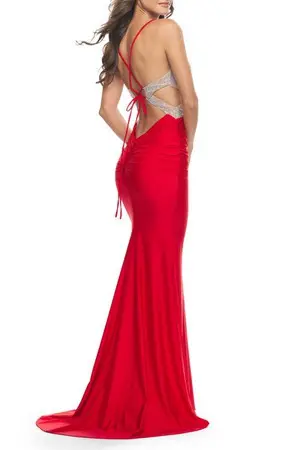 La Femme Ruched Gown With Rhinestone Bodice - Red
