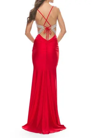 La Femme Ruched Gown With Rhinestone Bodice - Red