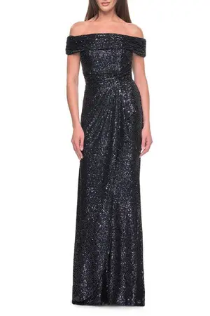 La Femme Off-the-shoulder Sequin Gown - Navy