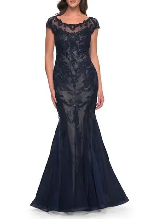 La Femme Mermaid Lace Dress With Cap Sleeves - Navy