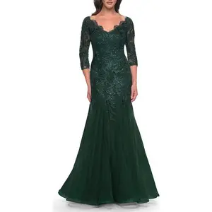 La Femme Mermaid Lace And Tulle Gown - Emerald