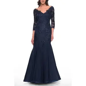 La Femme Mermaid Lace And Tulle Gown - Navy