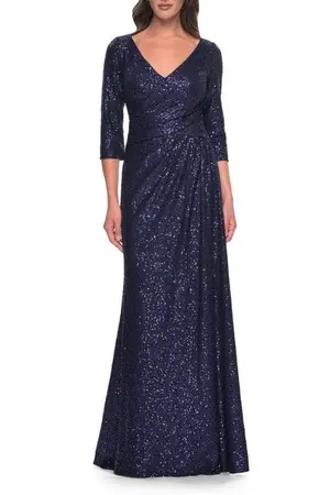 La Femme Long Sequin Gown - Navy