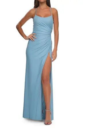 La Femme Jersey Column Gown With Ruching And Slit - Cloud Blue