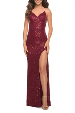La Femme Sequin Gown With Open Back - Wine