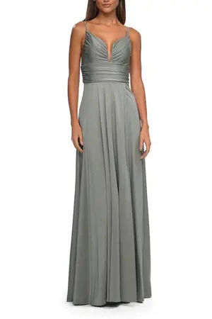 La Femme Long Jersey Gown With Slit - Silver