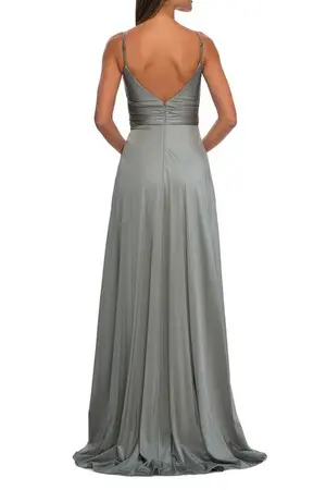 La Femme Long Jersey Gown With Slit - Silver