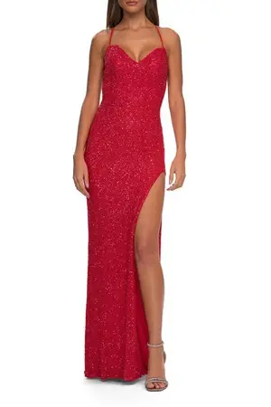 LABOMME Stretch Sequin Gown With Open Back - Hot Coral