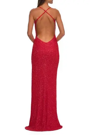 LABOMME Stretch Sequin Gown With Open Back - Hot Coral