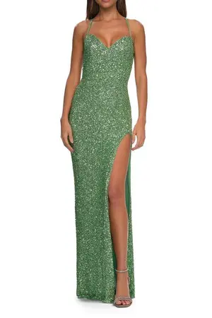 La Femme Stretch Sequin Gown With Open Back - Sage