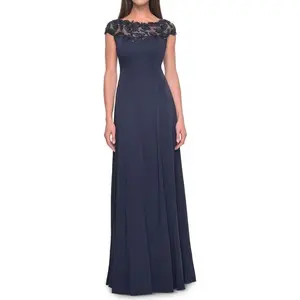 La Femme A-line Satin Gown With Beaded Neckline - Navy