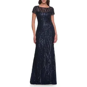 La Femme Beaded Print Fitted Gown With Illusion Neckline - Navy