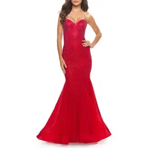 La Femme Rhinestone Mermaid Gown - Red