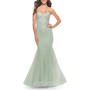 La Femme Rhinestone Mermaid Gown - Sage