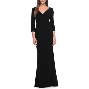 La Femme Long Evening Dress With Wrap Neckline - Black